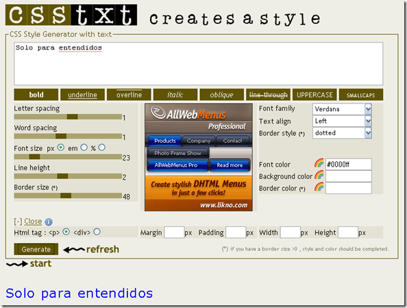 Editor de estilos de texto CSS. Lo mejor online.